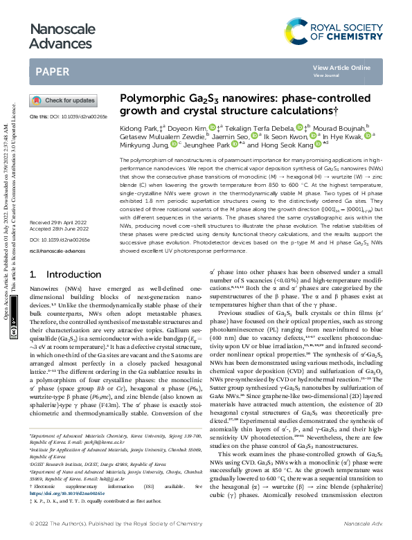 (PDF) Phase-Controlled Growth of Ga2S3 Nanowires