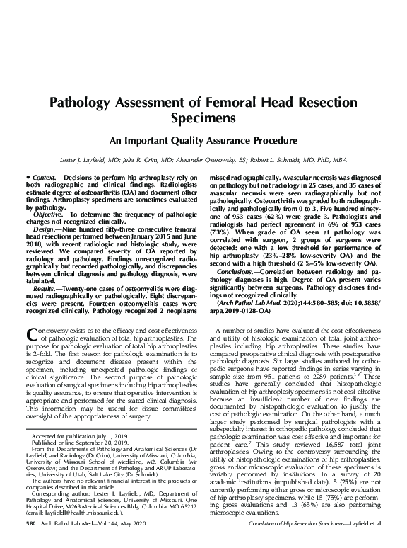 (PDF) Pathology Assessment of Femoral Head Resection Specimens: An Important Quality Assurance ...