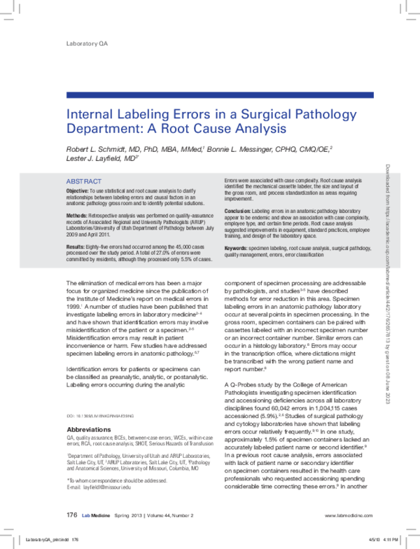 (PDF) Internal Labeling Errors in a Surgical Pathology Department: A Root Cause Analysis