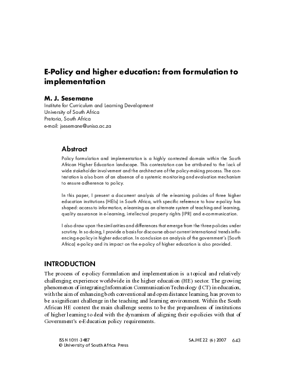(PDF) E-Policy and higher education: from formulation to implementation