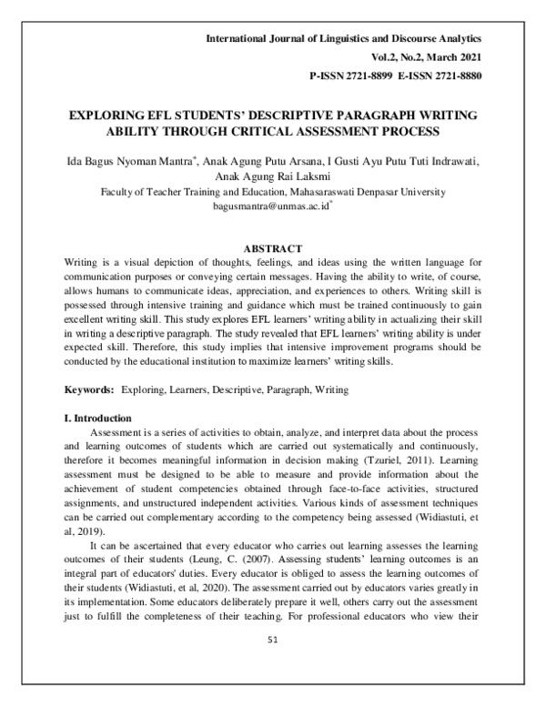 (PDF) Exploring Efl Students’ Descriptive Paragraph Writing Ability Through Critical Assessment ...