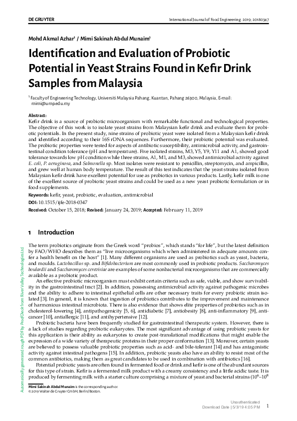 (PDF) Identification and Evaluation of Probiotic Potential in Yeast Strains Found in Kefir Drink ...