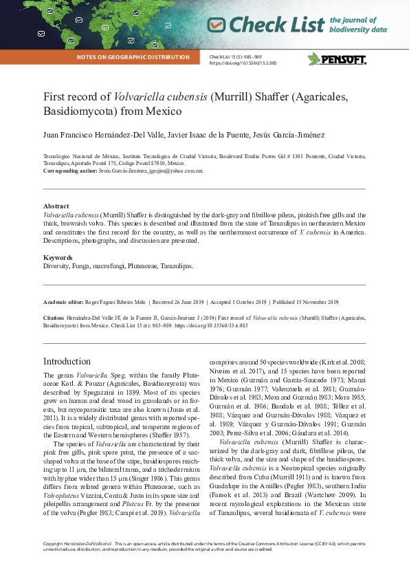 (PDF) First record of Volvariella cubensis (Murrill) Shaffer ...