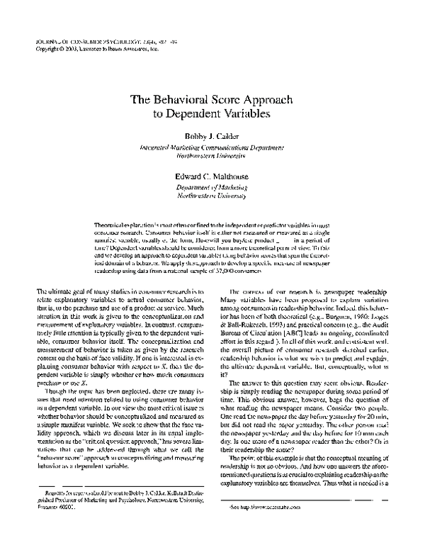 (PDF) The Behavioral Score Approach to Dependent Variables