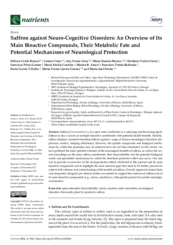 (PDF) Saffron against Neuro-Cognitive Disorders: An Overview of Its ...