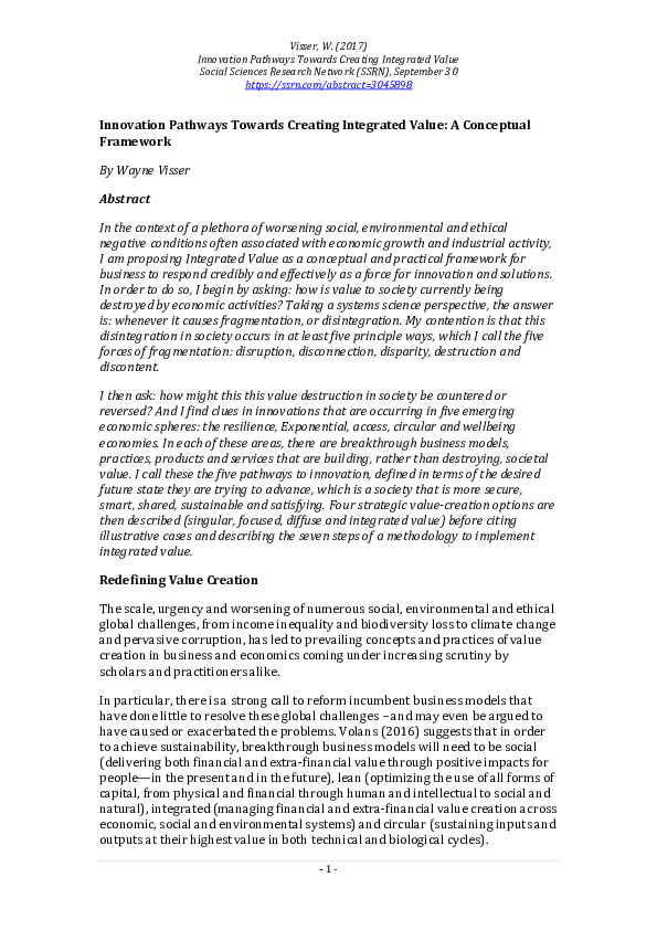 (PDF) Innovation Pathways Towards Creating Integrated Value: A Conceptual Framework