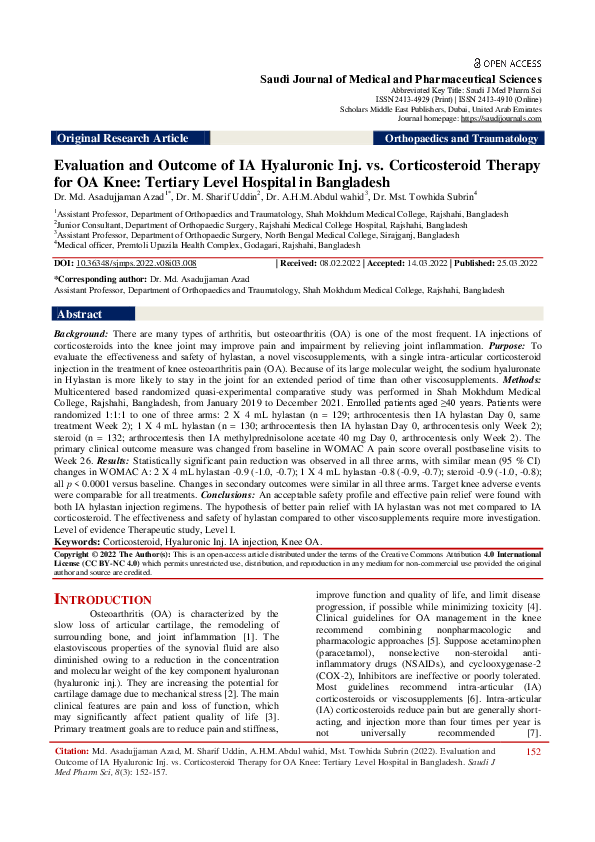 (PDF) Evaluation and Outcome of IA Hyaluronic Inj. vs. Corticosteroid ...