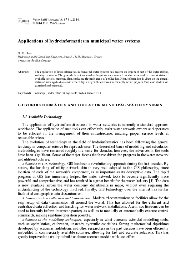 (PDF) Applications of hydroinformatics in municipal water systems