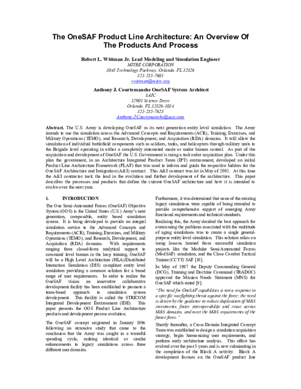 (PDF) The OneSAF Product Line Architecture: An Overview of the Products and Process