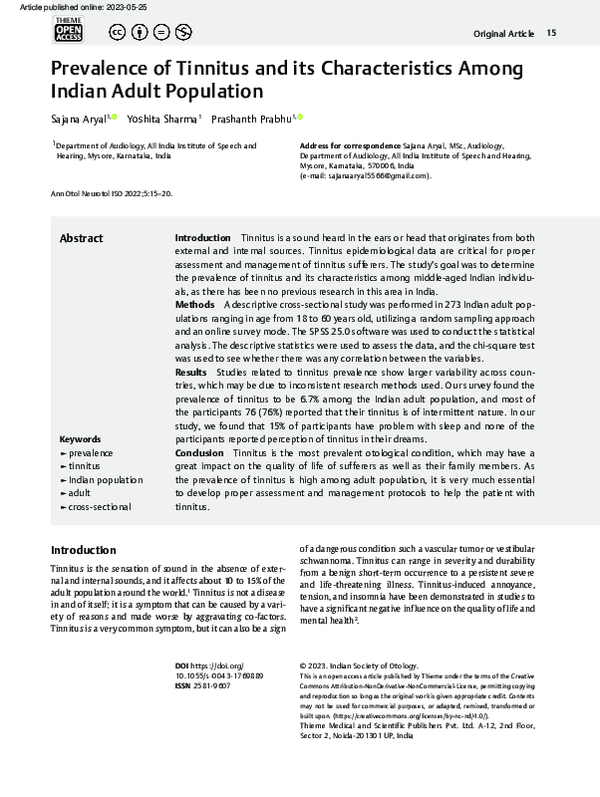 Pdf Prevalence Of Tinnitus And Its Characteristics Among Indian Adult