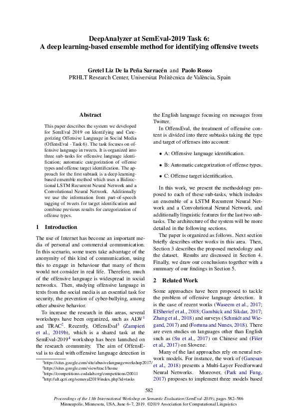 Pdf Deepanalyzer At Semeval 2019 Task 6 A Deep Learning Based Ensemble Method For Identifying