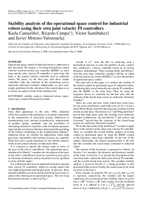 (PDF) Stability analysis of the operational space control for industrial robots using their own ...