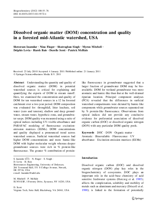 (PDF) Dissolved organic matter (DOM) concentration and quality in a forested mid-Atlantic ...