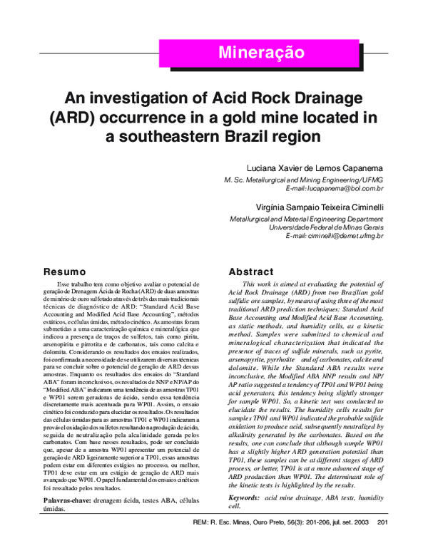 (PDF) An investigation of Acid Rock Drainage (ARD) occurrence in a gold ...