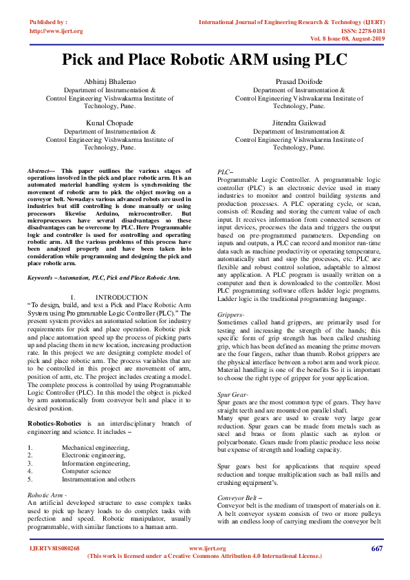 (PDF) Pick and Place Robotic ARM using PLC