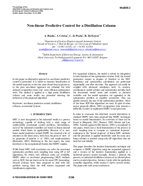 Pdf Non Linear Predictive Control For A Distillation Column