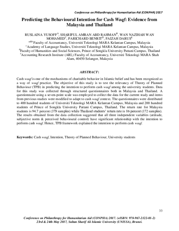 (PDF) Predicting the Behavioural Intention for Cash Waqf: Evidence from Malaysia and Thailand