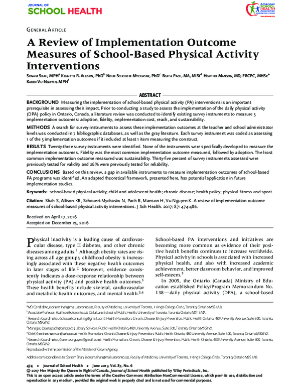 Pdf A Review Of Implementation Outcome Measures Of School Based Physical Activity Interventions