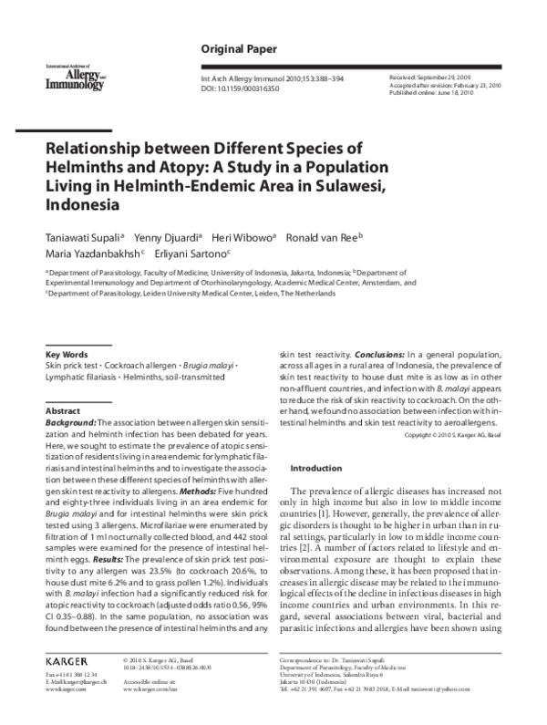 (PDF) Relationship between Different Species of Helminths and Atopy: A ...
