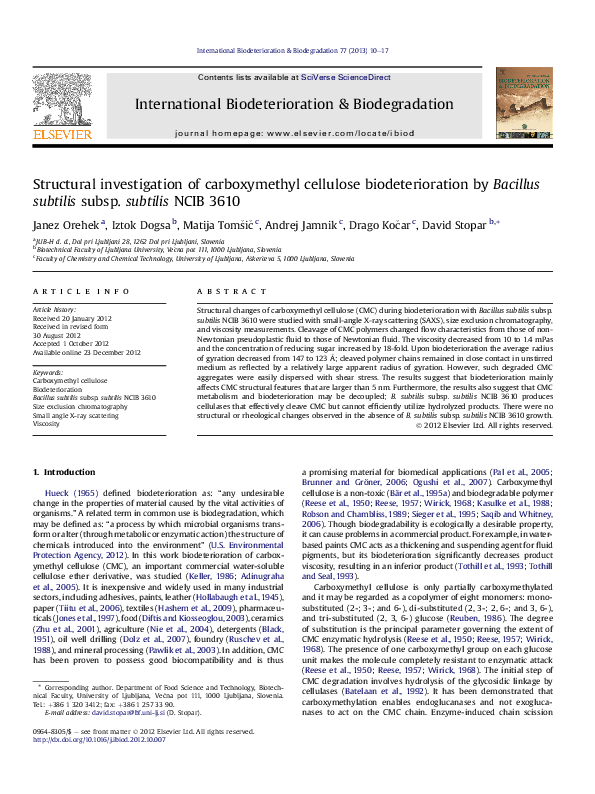 (PDF) Structural investigation of carboxymethyl cellulose biodeterioration by Bacillus subtilis ...