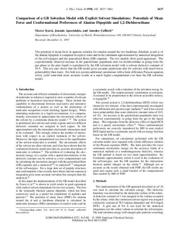 (PDF) Comparison of a GB Solvation Model with Explicit Solvent Simulations: Potentials of Mean ...