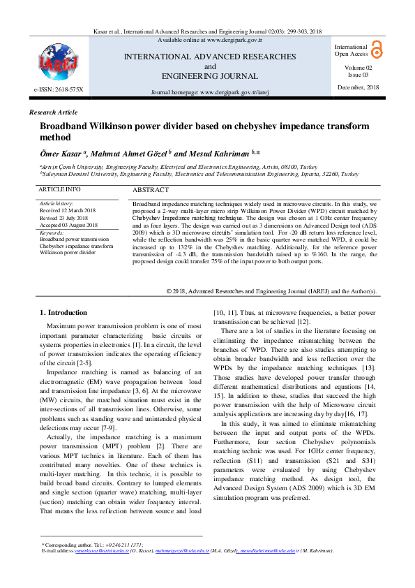 (PDF) Broadband Wilkinson power divider based on chebyshev impedance transform method