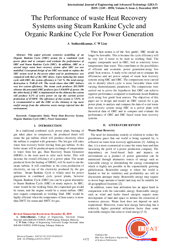 (PDF) Waste Heat Recovery on Ic Engines Using Organic Rankine Cycle ...