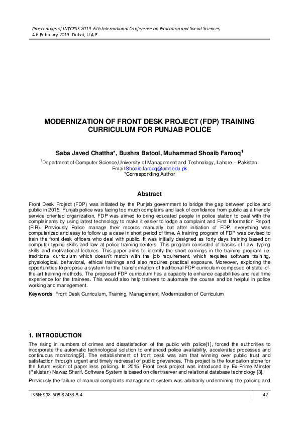 (PDF) Modernization of Front Desk Project (FDP) Training Curriculum for Punjab Police