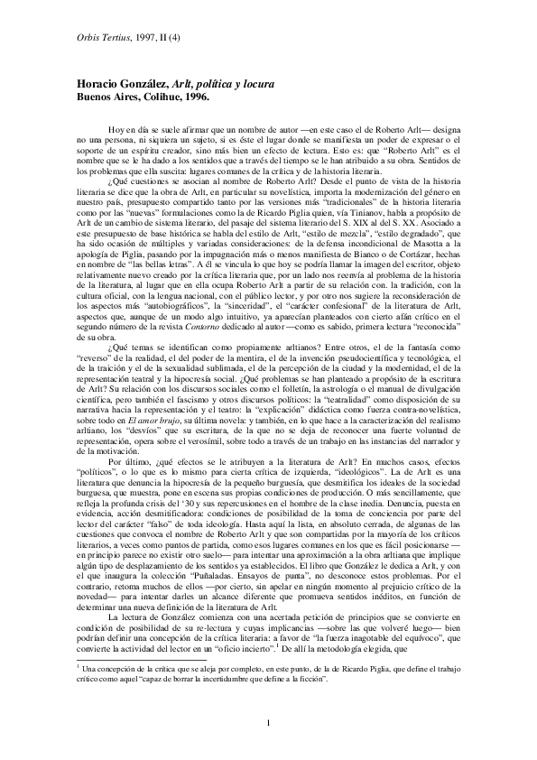 (PDF) Horacio González, Arlt, política y locura