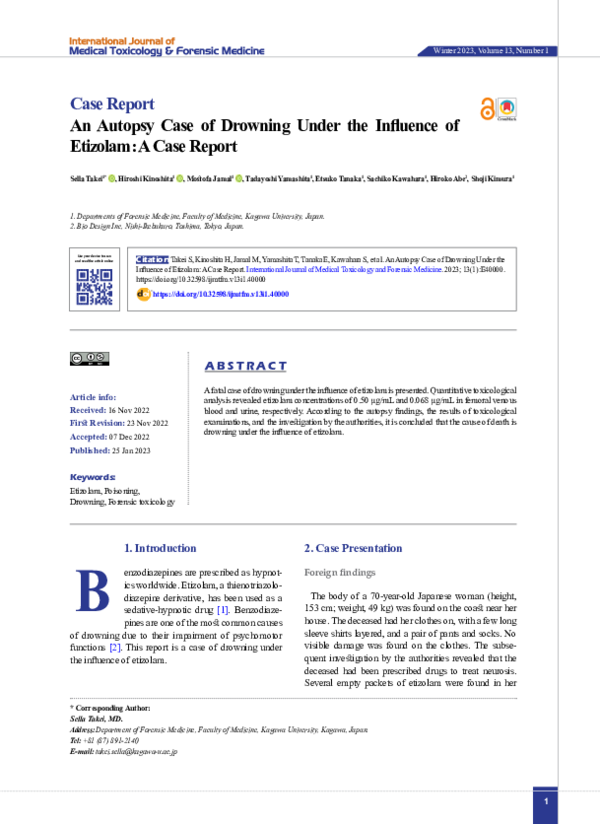 (PDF) An Autopsy Case of Drowning Under the Influence of Etizolam: A ...