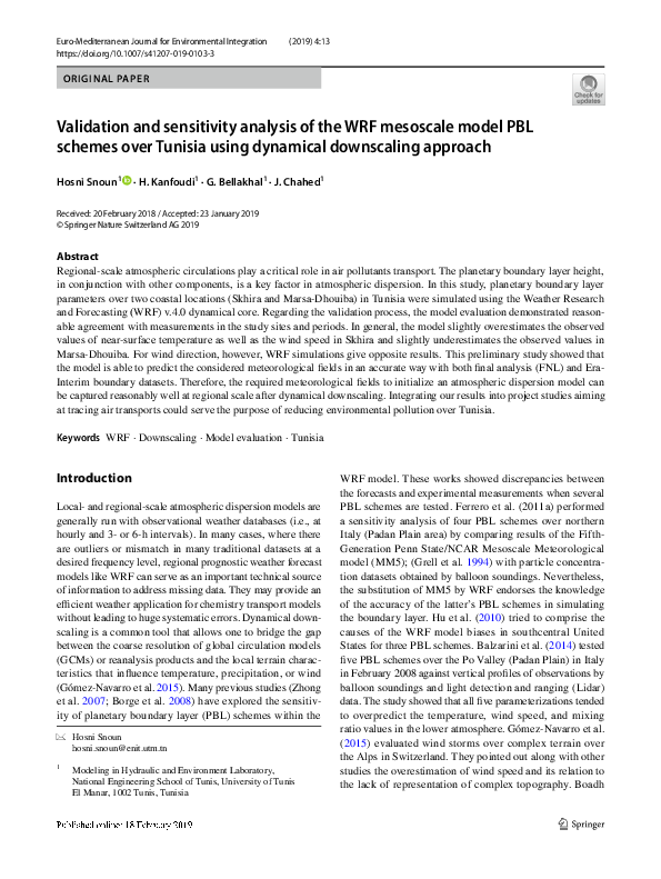 Pdf Validation And Sensitivity Analysis Of The Wrf Mesoscale Model Pbl Schemes Over Tunisia