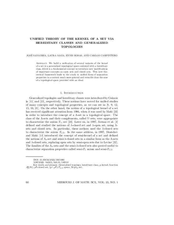 (PDF) UNIFIED THEORY OF THE KERNEL OF A SET VIA HEREDITARY CLASSES AND ...