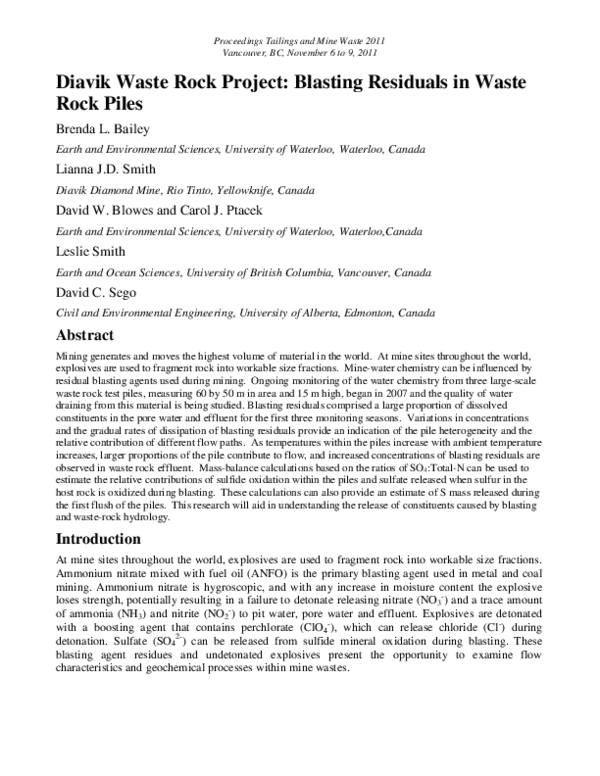 (PDF) Diavik Waste Rock Project: Blasting Residuals in Waste Rock Piles