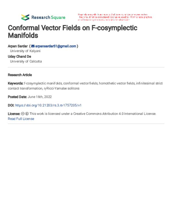 Pdf Conformal Vector Fields On F Cosymplectic Manifolds Arpan Sardar