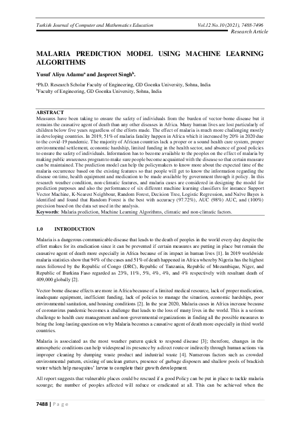 (PDF) Malaria Prediction Model Using Machine Learning Algorithms