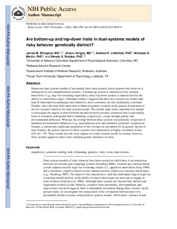 (PDF) Are Bottom-Up and Top-Down Traits in Dual-Systems Models of Risky ...