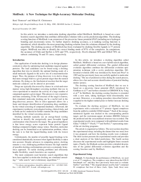 (PDF) MolDock: A New Technique for High-Accuracy Molecular Docking (PDF) MolDock: A New Technique for High-Accuracy Molecular Docking