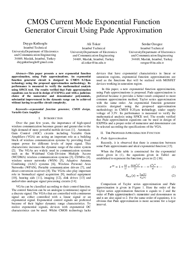 (PDF) CMOS current mode exponential function generator circuit using pade approximation
