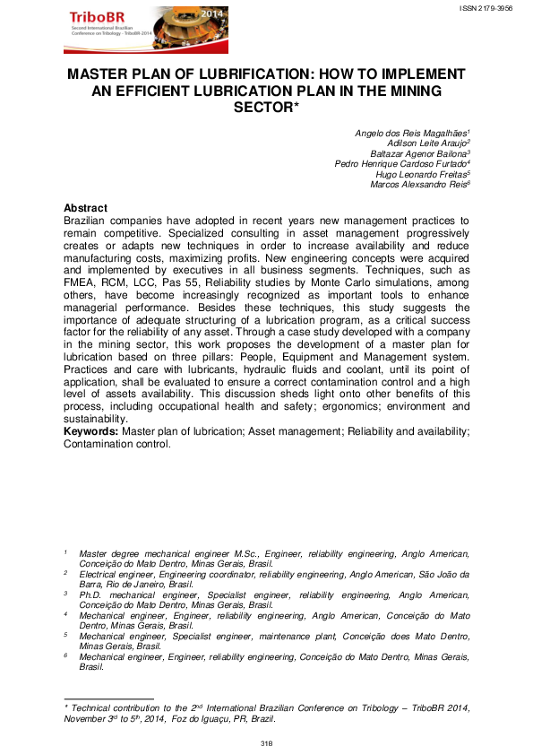 (PDF) Master Plan of Lubrification: How to Implement an Efficient Lubrication Plan in the Mining ...