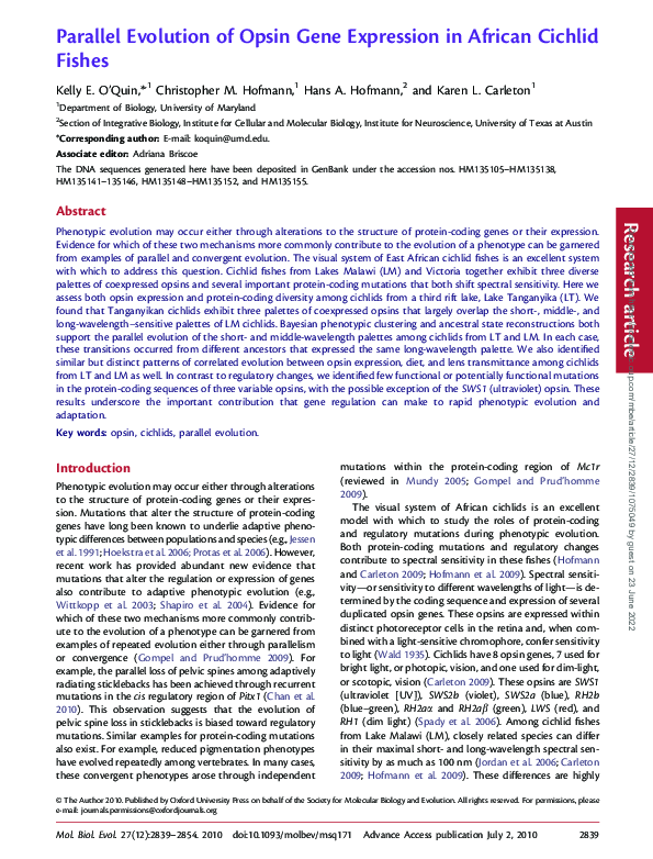 (PDF) Parallel Evolution of Opsin Gene Expression in African Cichlid Fishes