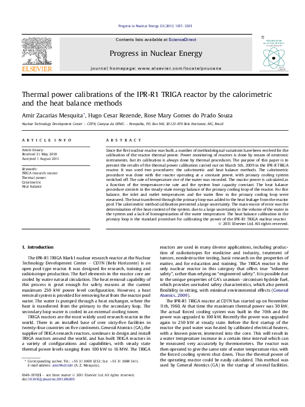 (PDF) Thermal power calibrations of the IPR-R1 TRIGA reactor by the ...