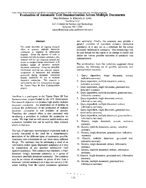 (PDF) Evaluation of Automatic Text Summarization Across Multiple Documents