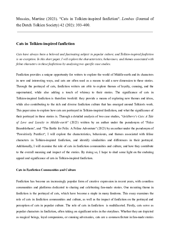 (PDF) Cats in Tolkien-inspired fanfiction
