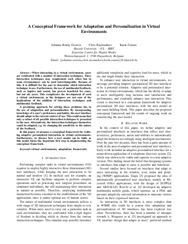 (PDF) A Conceptual Framework for Adaptation and Personalization in Virtual Environments