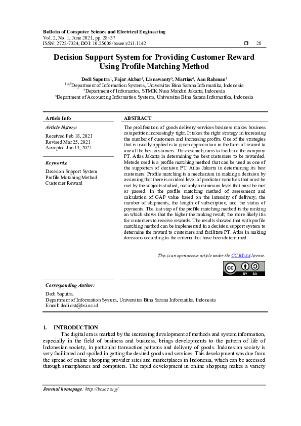 (PDF) Decision Support System For Providing Customer Reward Using Profile Matching Method: A ...