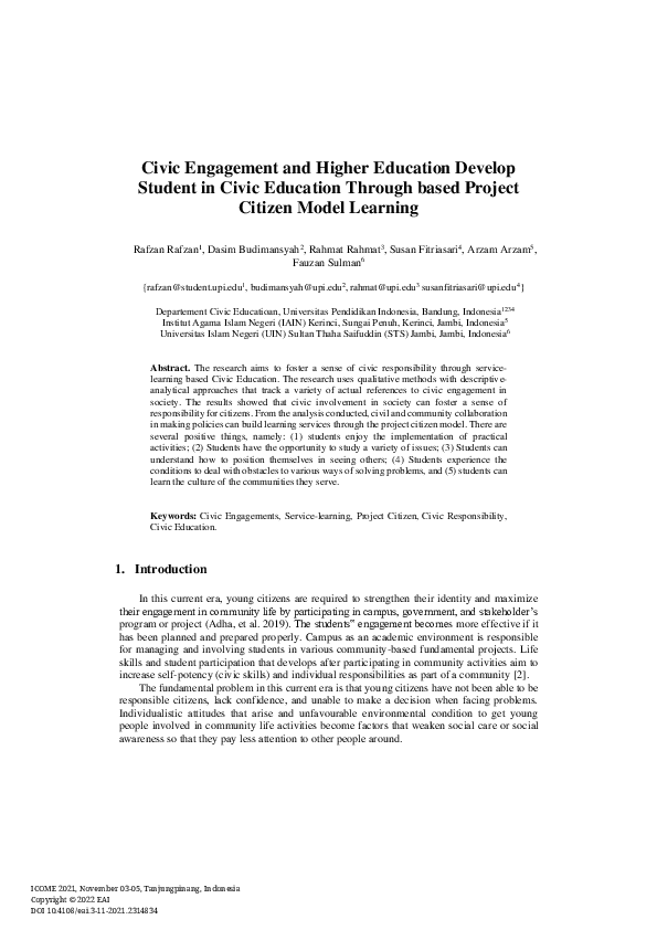 (PDF) Civic Engagement and Higher Education Develop Student in Civic Education Through based ...