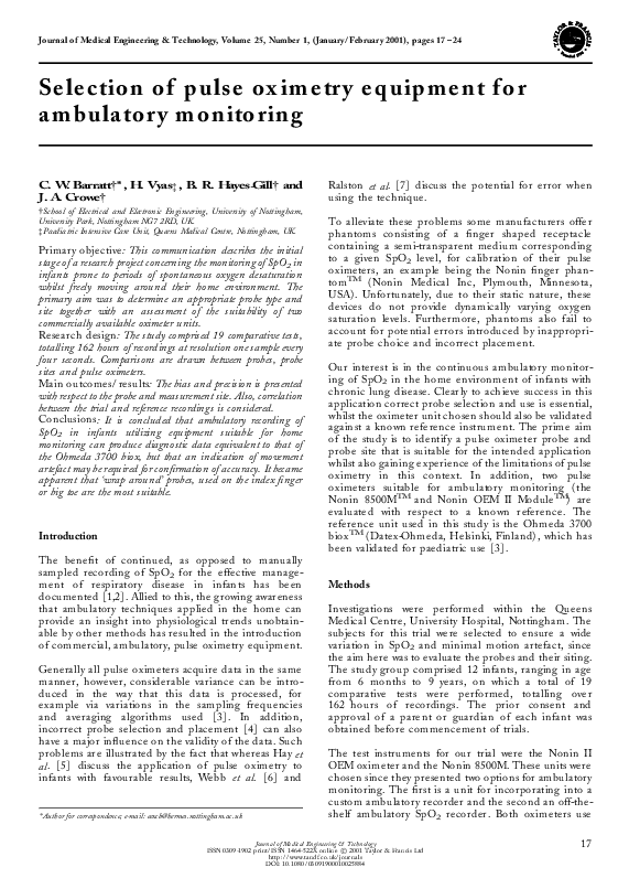 (PDF) Selection of pulse oximetry equipment for ambulatory monitoring