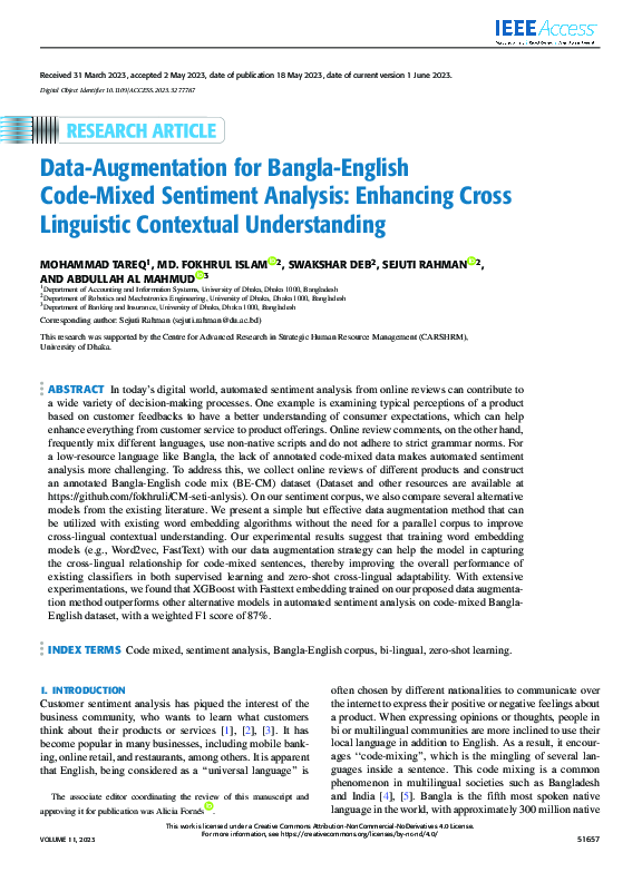 (PDF) Data-Augmentation for Bangla-English Code-Mixed Sentiment Analysis: Enhancing Cross ...