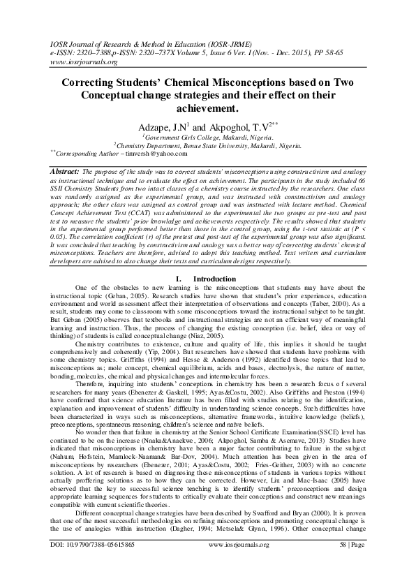 (PDF) Correcting Students ’ Chemical Misconceptions based on Two Conceptual change strategies ...