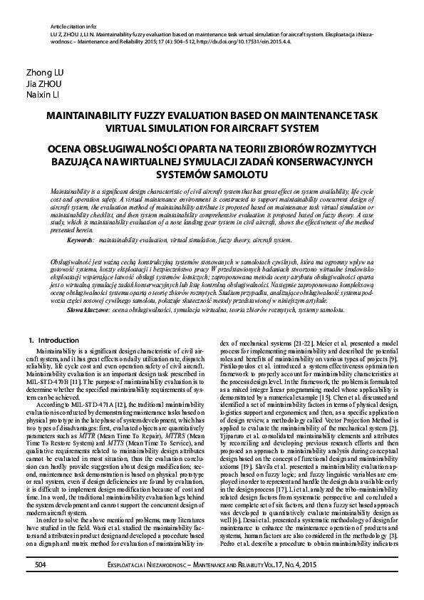 Pdf Maintainability Fuzzy Evaluation Based On Maintenance Task Virtual Simulation For Aircraft 1227